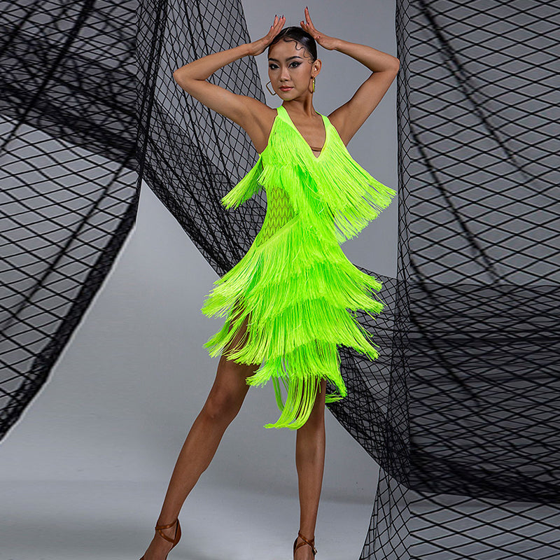 WJJ Women's Milk Silk Halter Tassel Latin Dance Dress Training Perform ...