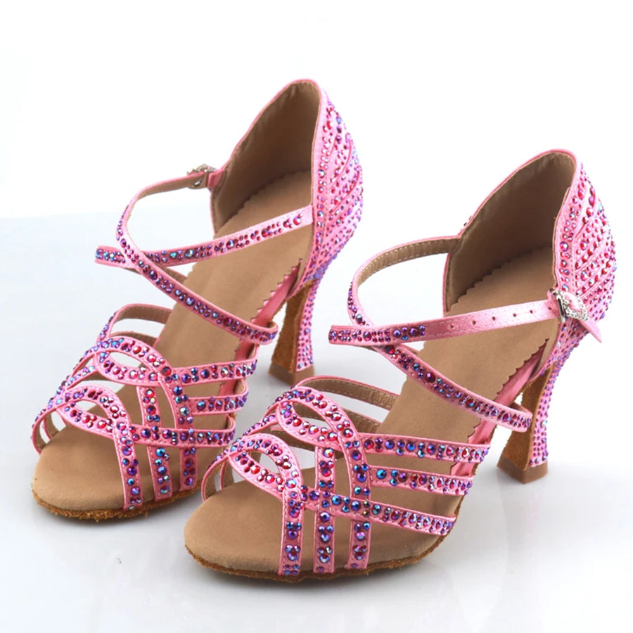 DS Women's Pink Sparkling Glitter Customized Heel Salsa Latin Dance Sh ...