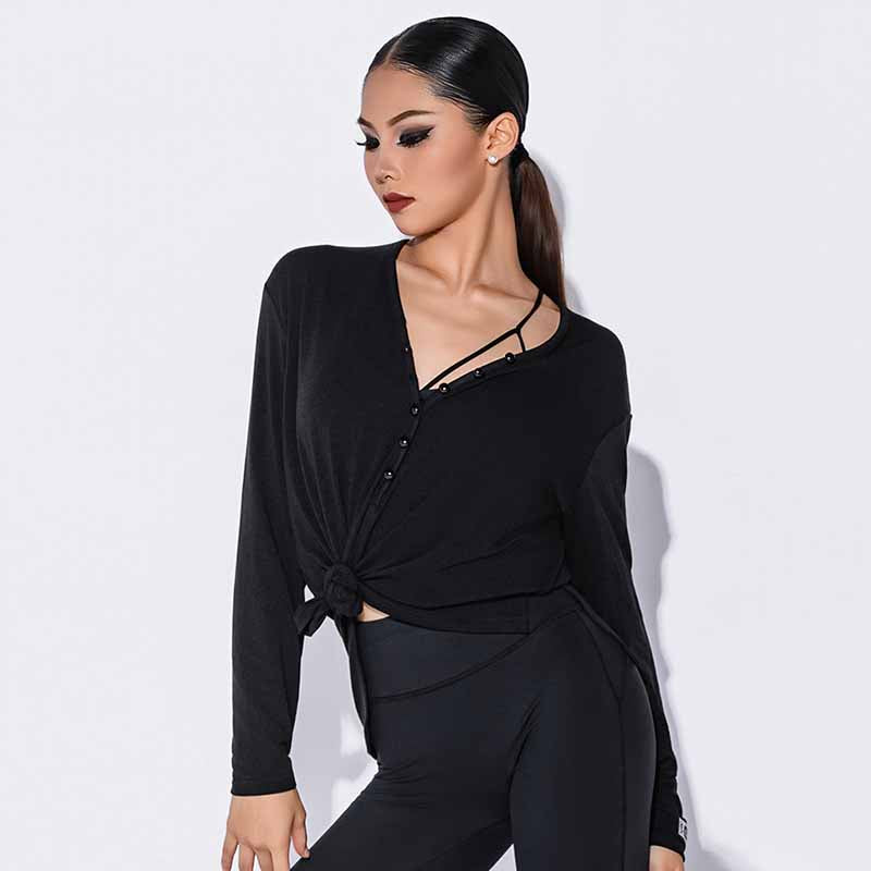 HC Women's Black Long Sleeve V Neck Latin Dance Tops Dance Wear Traini ...