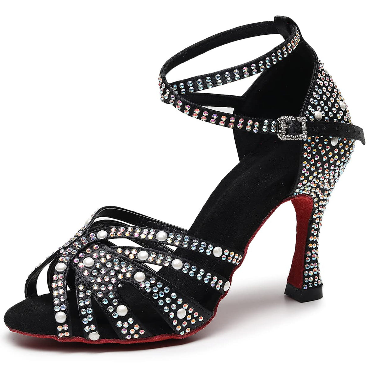 Women's Black Customized Heel Satin Rhinestones Strappy Ballroom Latin ...
