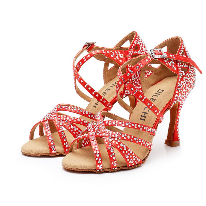 Women's Red Customized Heel Strappy Dance Shoes With Crystals ...