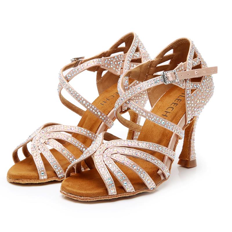 Women's Pink Strappy Satin Rhinestones Customized Heel Dance Shoes ...