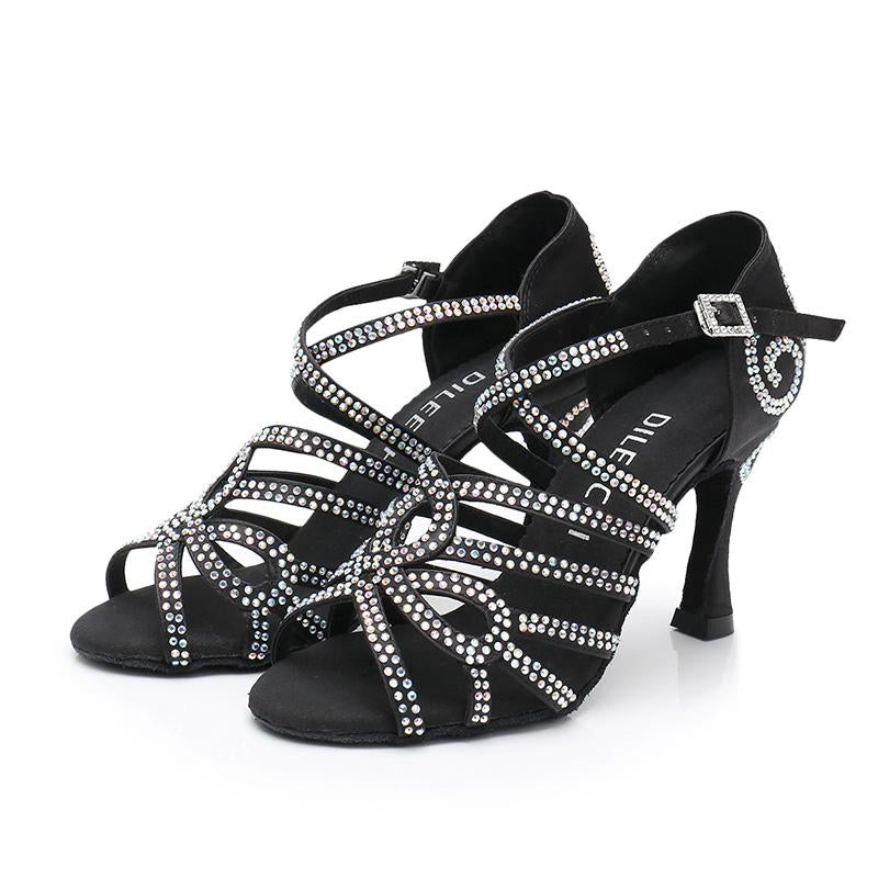 Zapatos de baile de salón con tiras y tacón personalizado de satén neg ...