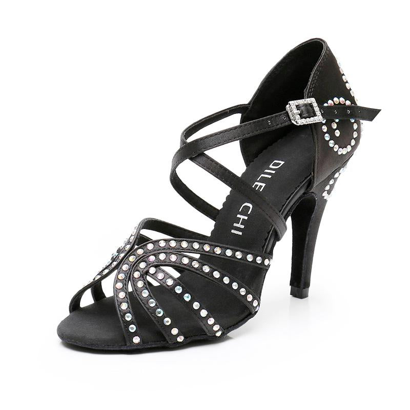 Women's Black Customized Heel Satin Rhinestones Strappy Ballroom Latin ...