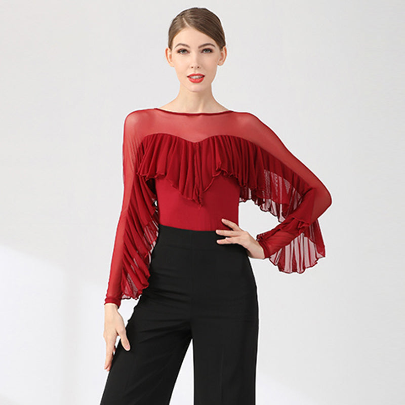 Women's Long Sleeve Ruffle Lace Latin Dance Tops Dance Bodysuit Dance ...